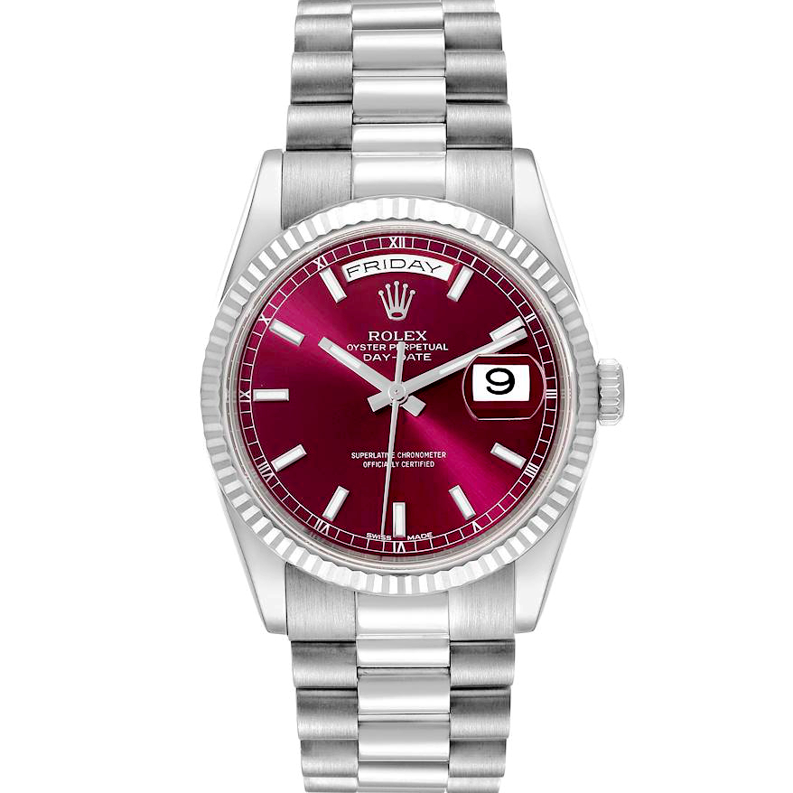 Rolex Day Date 36mm President White Gold Cherry Red Dial Watch 118239