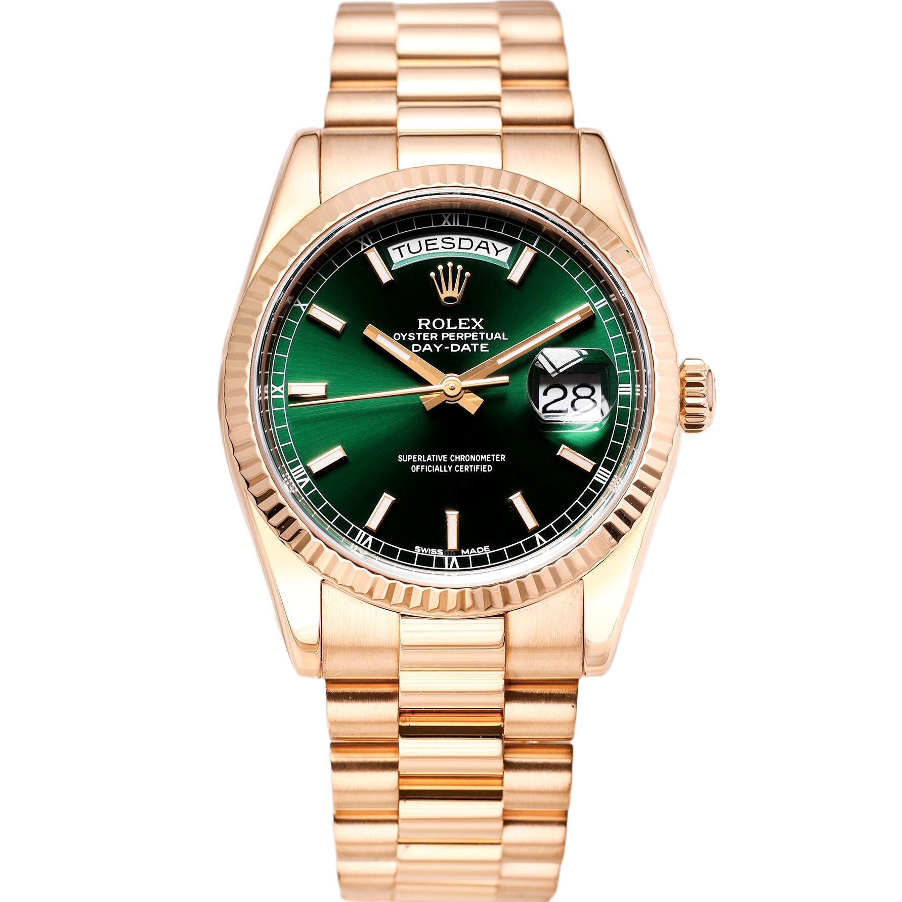 Rolex Day Date 36mm President Yellow Gold Green Dial Watch 118239